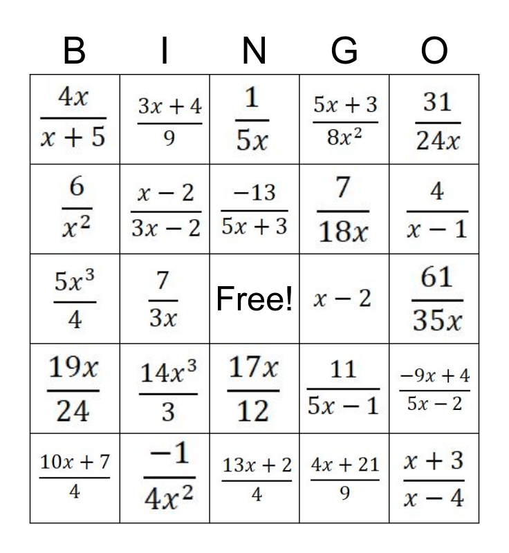 Adding & Subtraction Rational Expressions BINGO Card