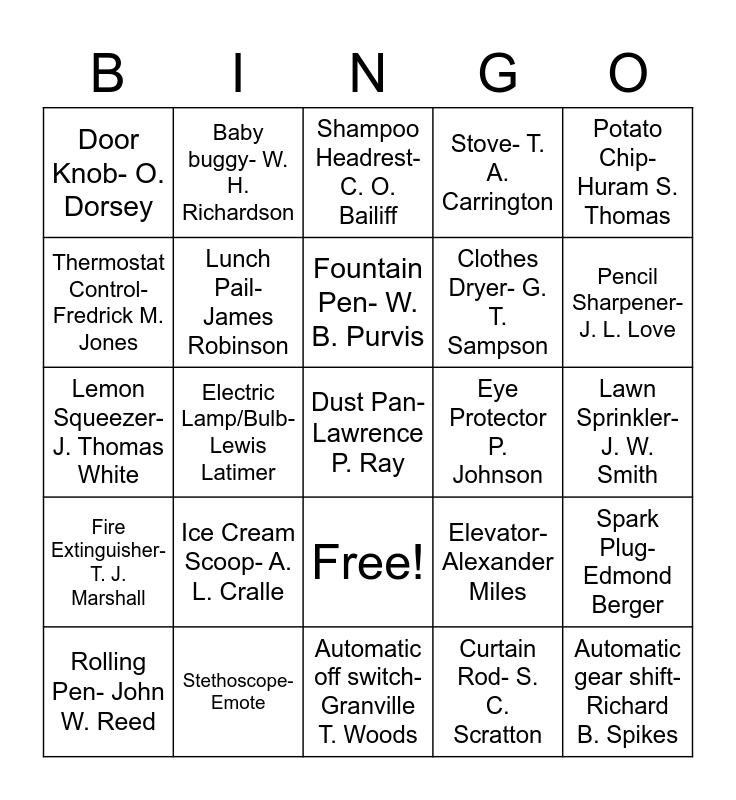 African American Inventors Bingo Card