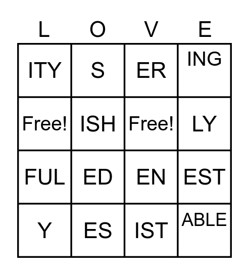 Suffix Bingo Card
