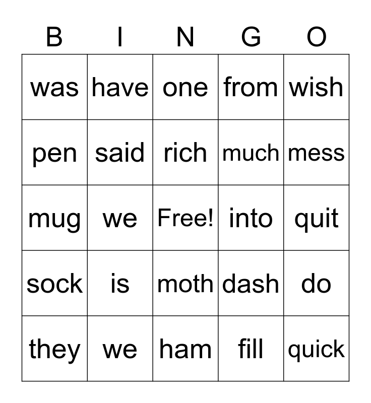 E and N's Words Bingo Card