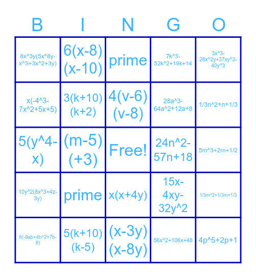 Factoring Polynomials Bingo Card