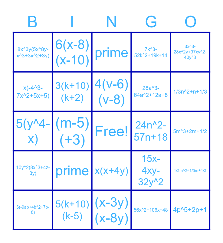 Factoring Polynomials Bingo Card
