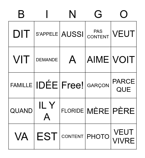 FRENCH Read Aloud Bingo Card