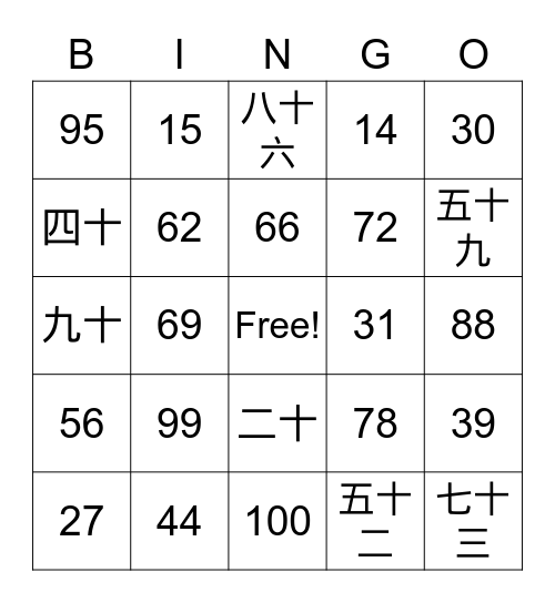 Number 1-100 Bingo Card