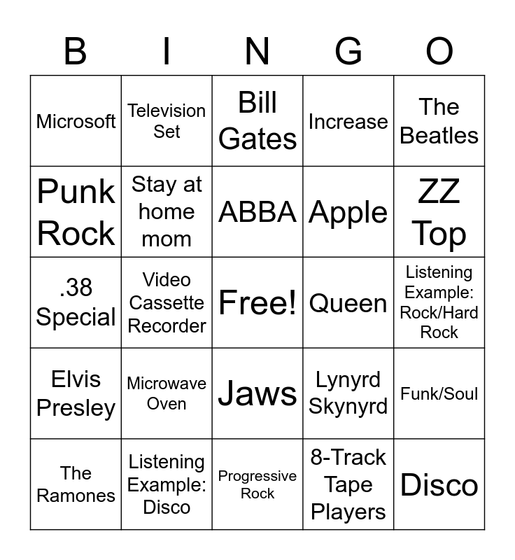 Ruckdaddy's 70's Music Bingo Card