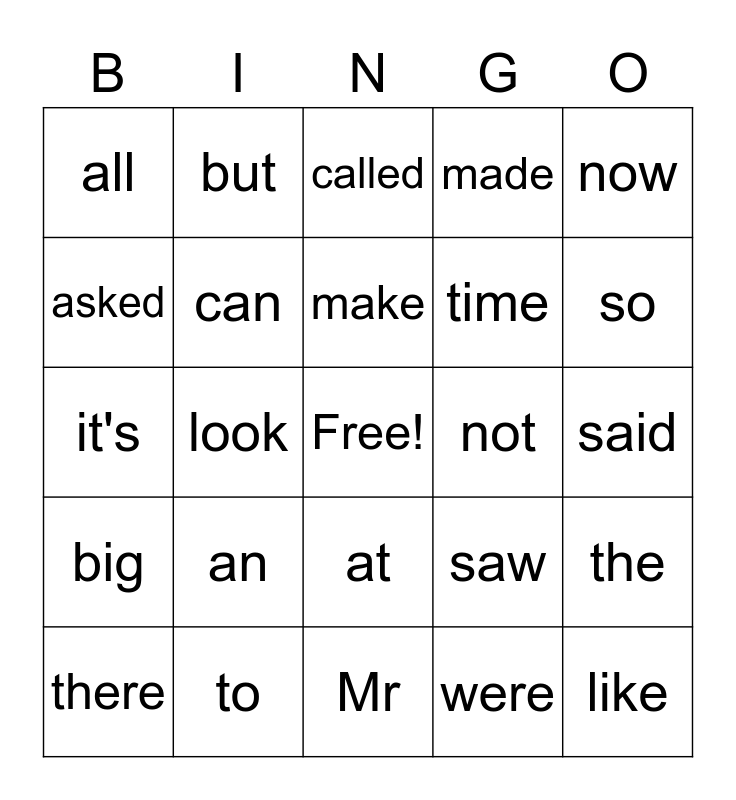 High Frequency Word Bingo Card