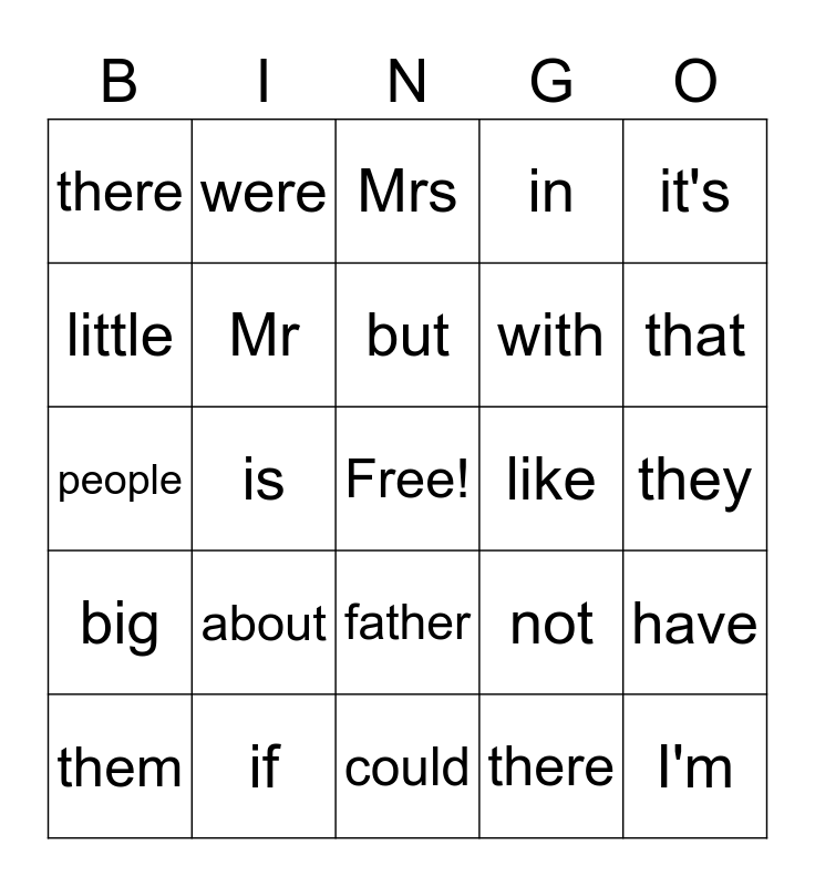High Frequency Words Bingo Card