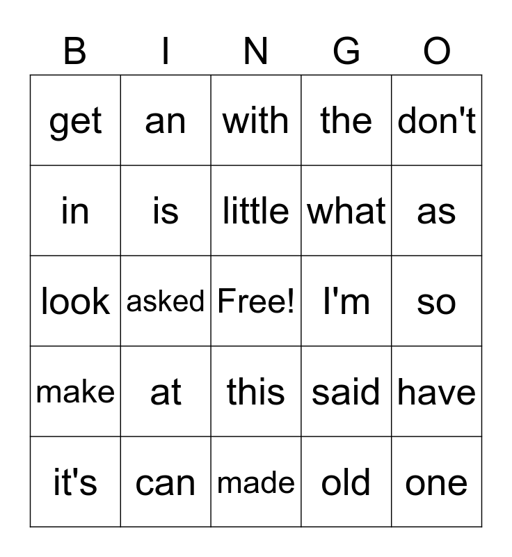 High Frequency Words Bingo Card