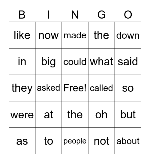 High Frequency Words Bingo Card
