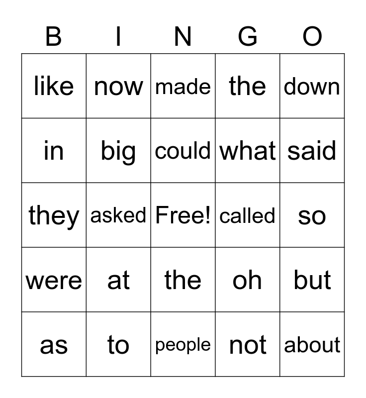 High Frequency Words Bingo Card