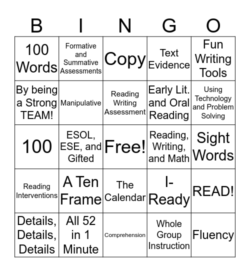 Family Literacy Night BINGO Card