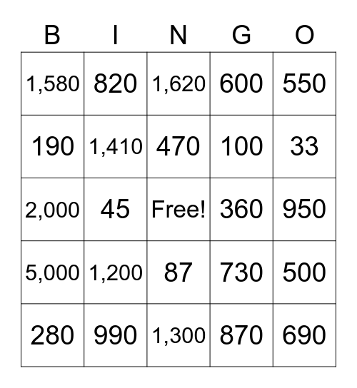 Numbers 100-5000 Bingo Card