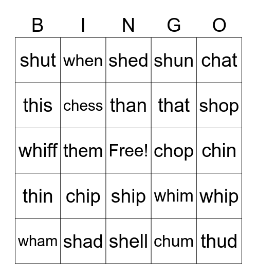 Initial Consonant Digraphs Bingo Card