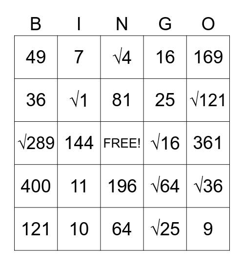 Squares and Square Root Bingo Card