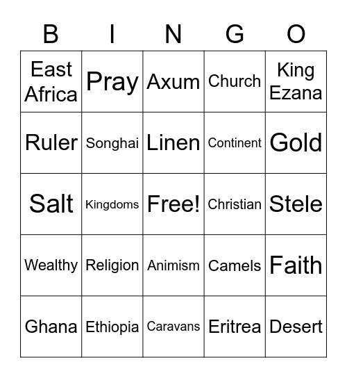 African Kingdoms Bingo Card