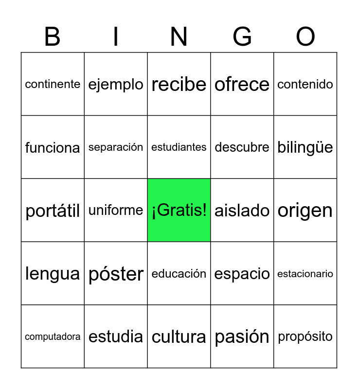 Cognados Bingo Card