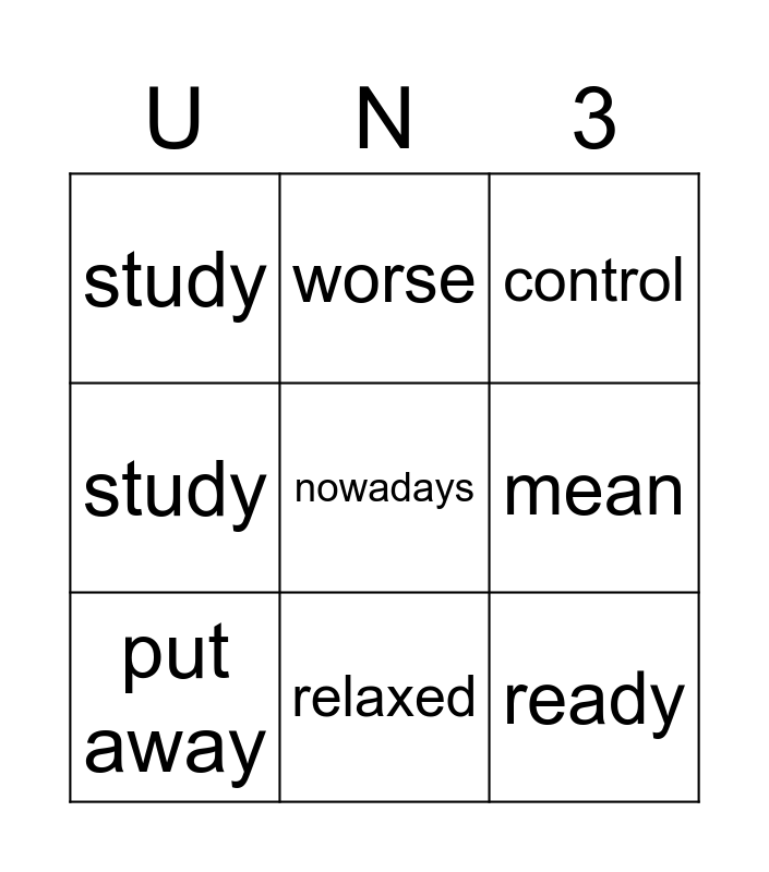 Unit 3 Vocabulary Bingo Card