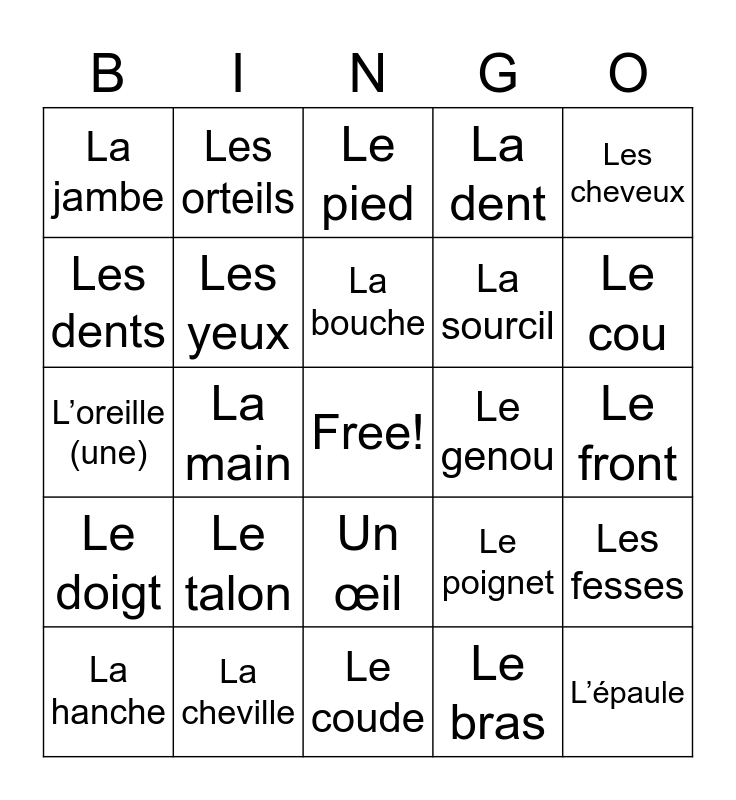 le corps Bingo Card