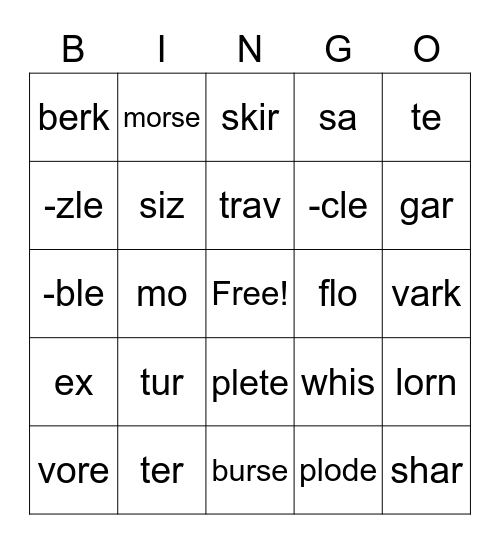 6 Syllable Type BINGO Card