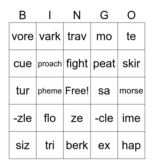 Six Syllable Type Bingo Card