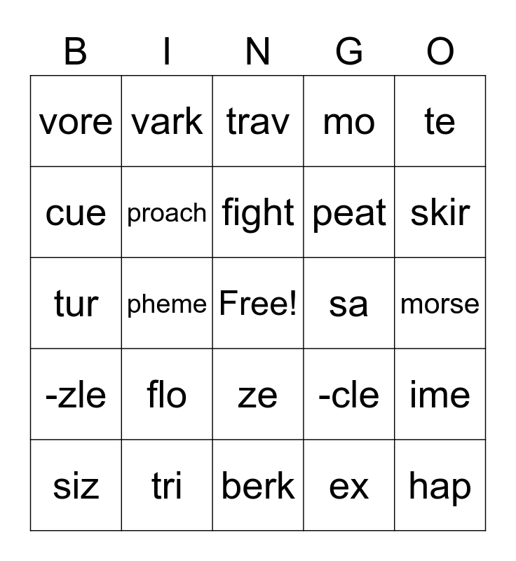Six Syllable Type Bingo Card