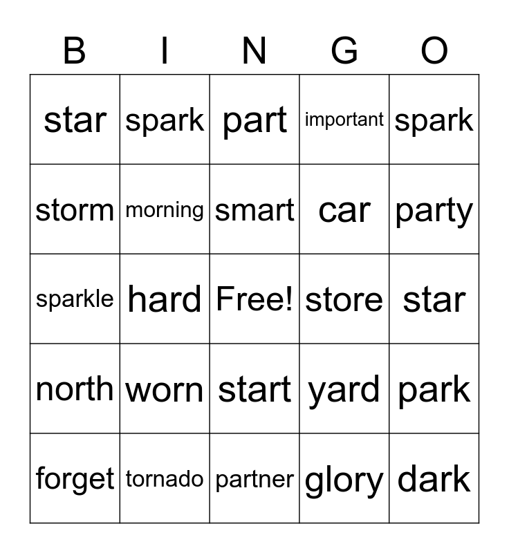 Bossy R (ar & or) Bingo Card