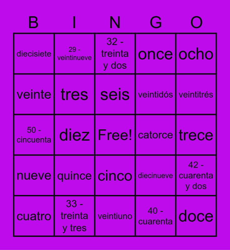 Spanish Numbers Bingo Card