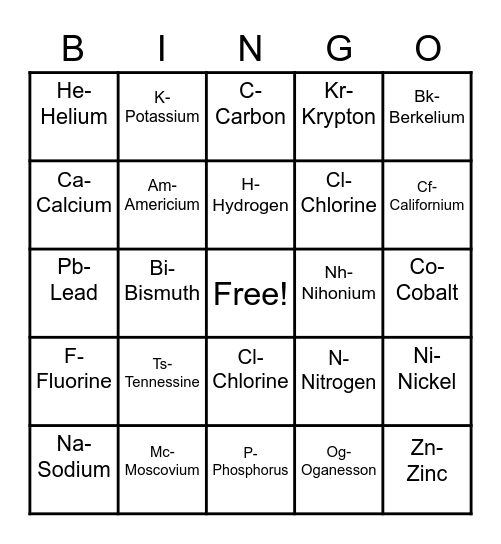 Element Bingo Card