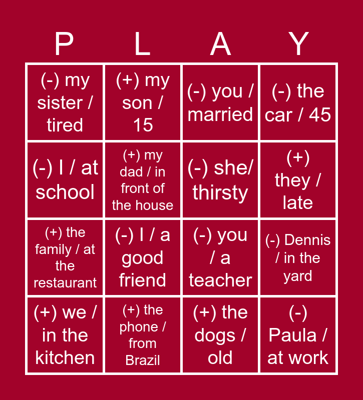 Verb "To Be" Bingo Card