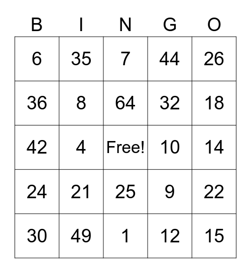 Multiplication Bingo Card