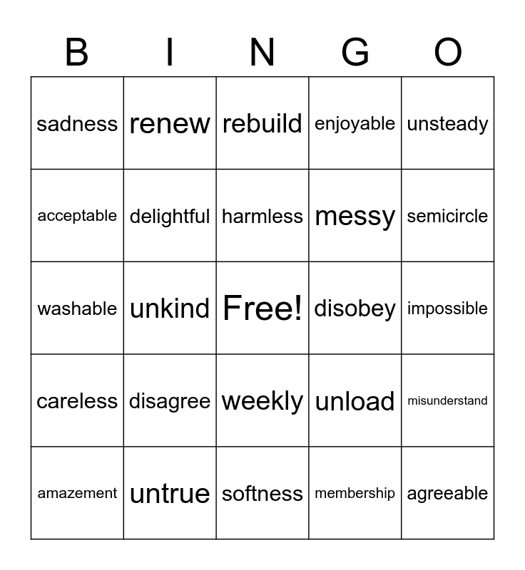 Prefixes and Suffixes Bingo Card