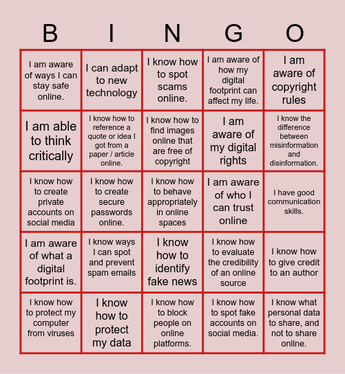 Digital Literacy BINGO Card