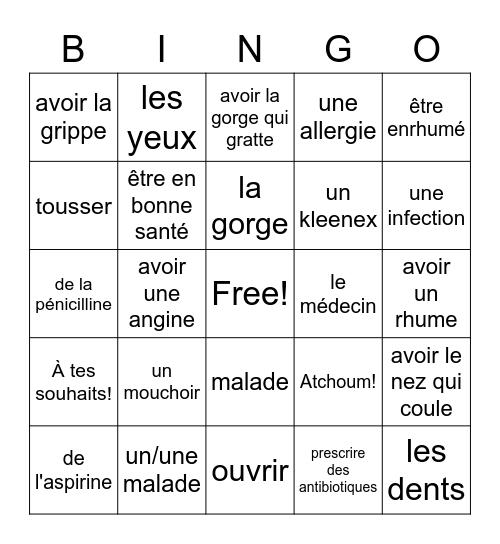 La Santé et la médecine Bingo Card