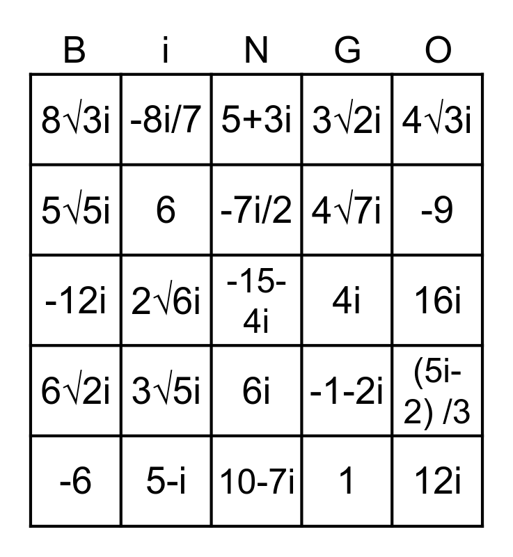 Complex Numbers Bingo Card