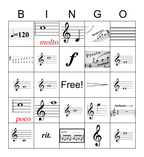 Treble Clef Pitches, Dynamics, and Tempo Bingo Card