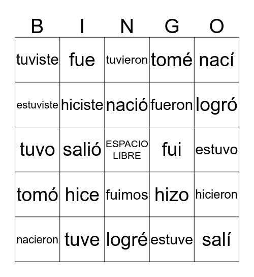 Bingo: El pretérito Bingo Card
