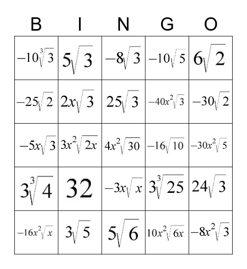 Alg 1: Multiplying Radicals Bingo Card