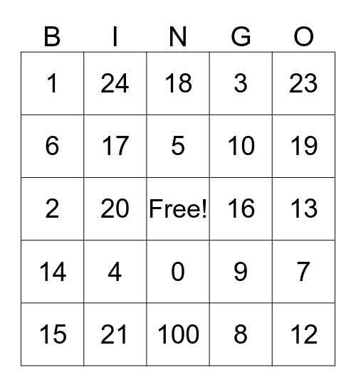Number Bingo Card