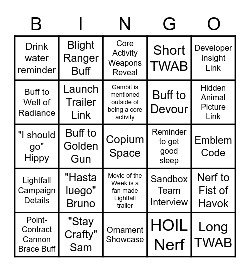 Final TWAB Bungo Bingo Card