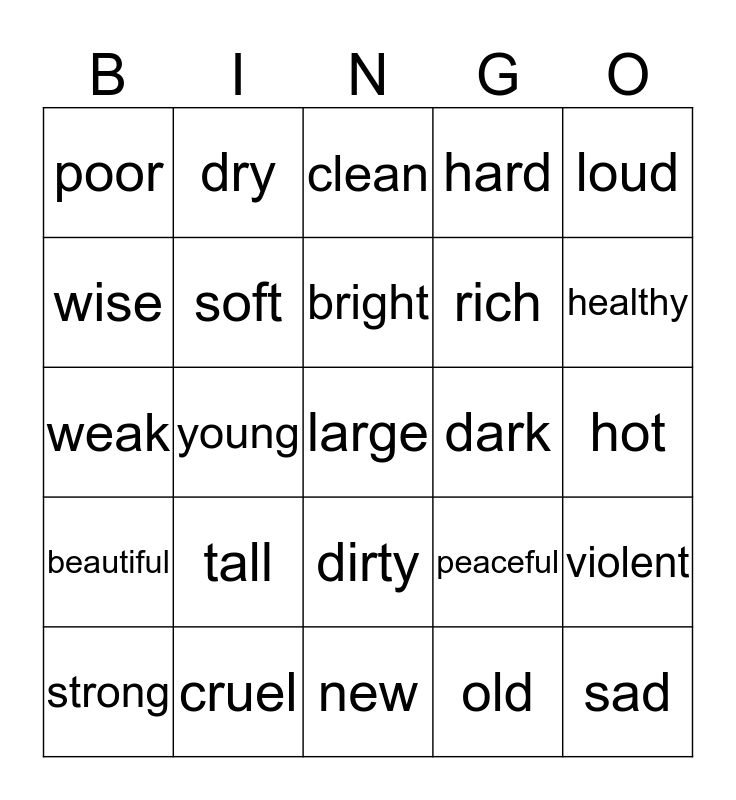 Quality Words Bingo Card