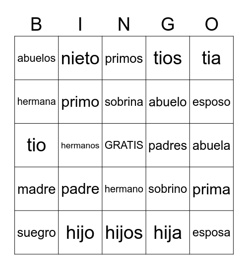 Spanish Family Vocab Bingo Card