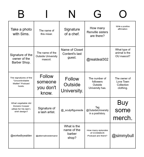 Outside Bingo Card