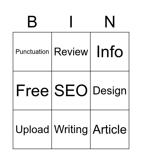 Writing Bingo Card