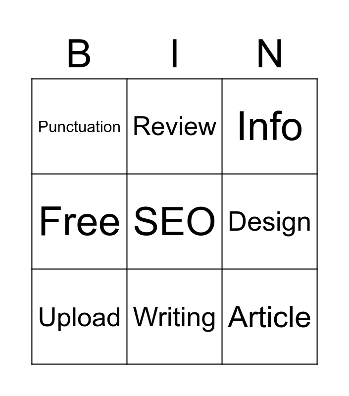 Writing Bingo Card