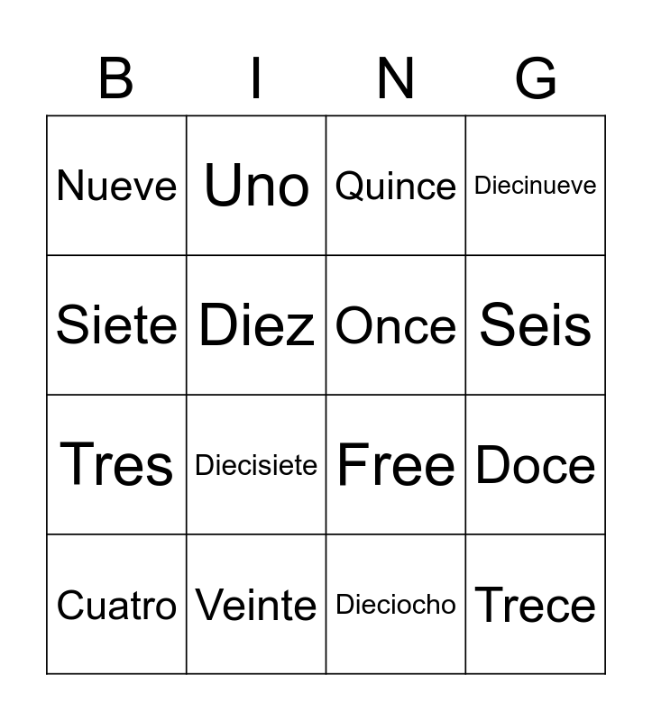 The Numbers in Spanish Bingo Card