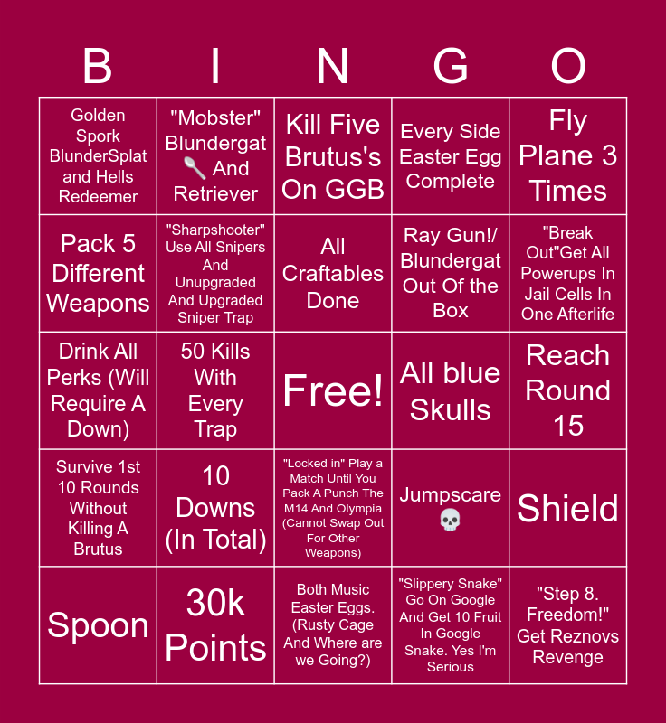 Mob Of The Dead Bingo Card