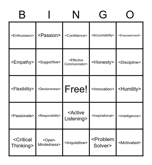 Qualities of a Leader Bingo Card