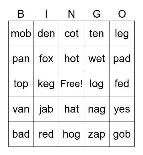 CVC Word Bingo Card