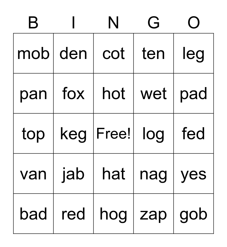 CVC Word Bingo Card