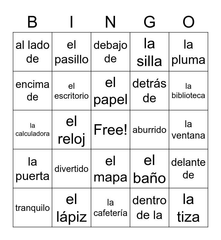 Avancemos 1 Unidad 2.2 Bingo Card